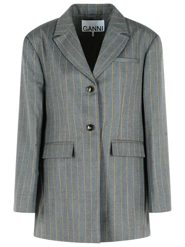 GANNI Grey Wool Blend Blazer With Vertical Stripes