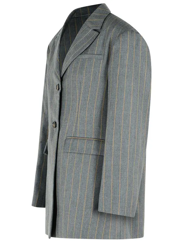 GANNI Grey Wool Blend Blazer With Vertical Stripes