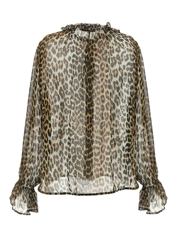 GANNI Leopard Print Chiffon Tie Neck Shirt