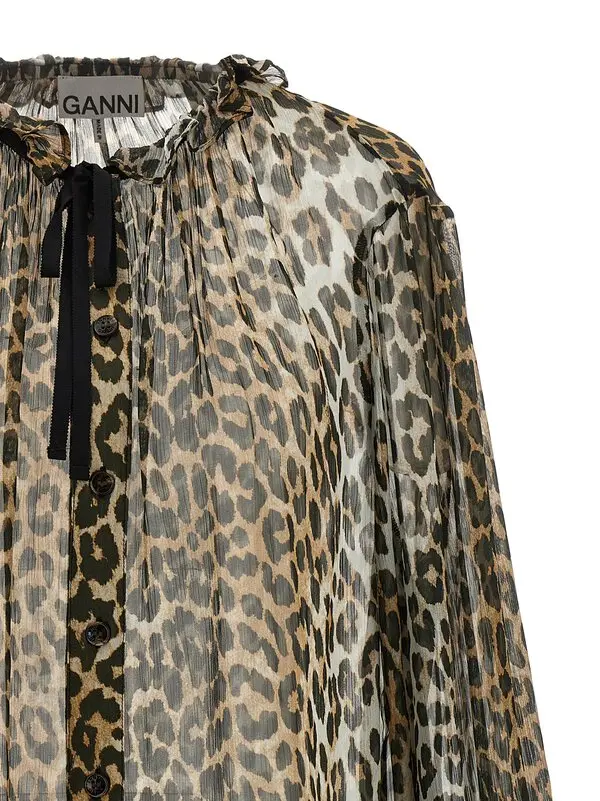 GANNI Leopard Print Chiffon Tie Neck Shirt