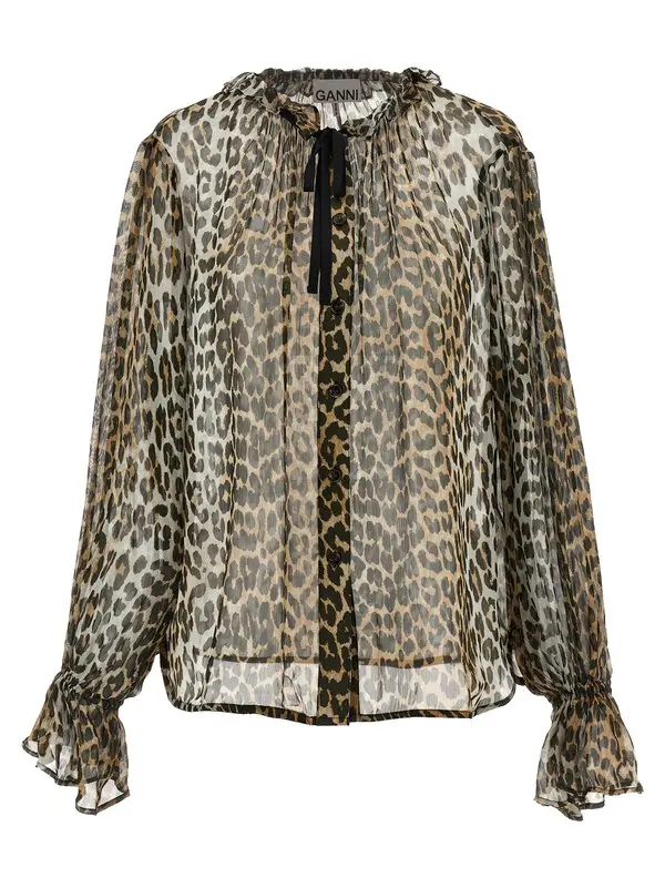 GANNI Leopard Print Chiffon Tie Neck Shirt - Multicolor