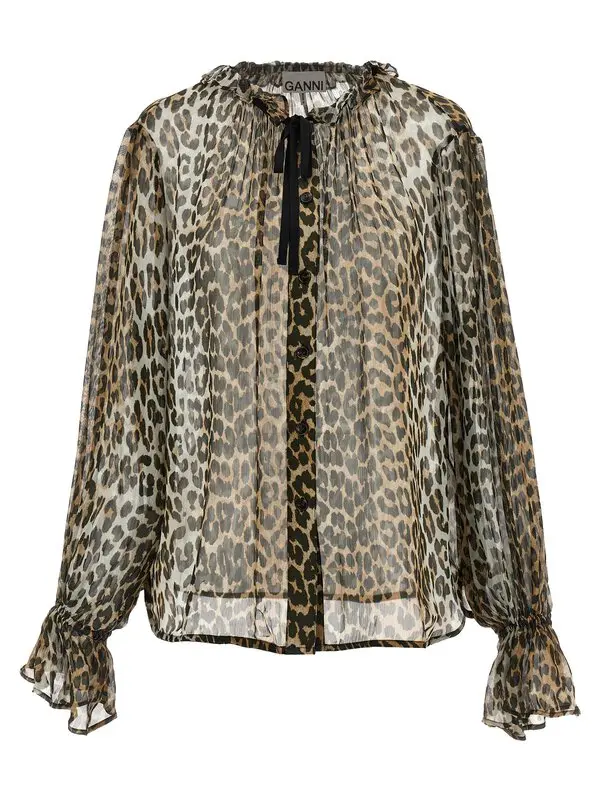 GANNI Leopard Print Chiffon Tie Neck Shirt - Multicolor