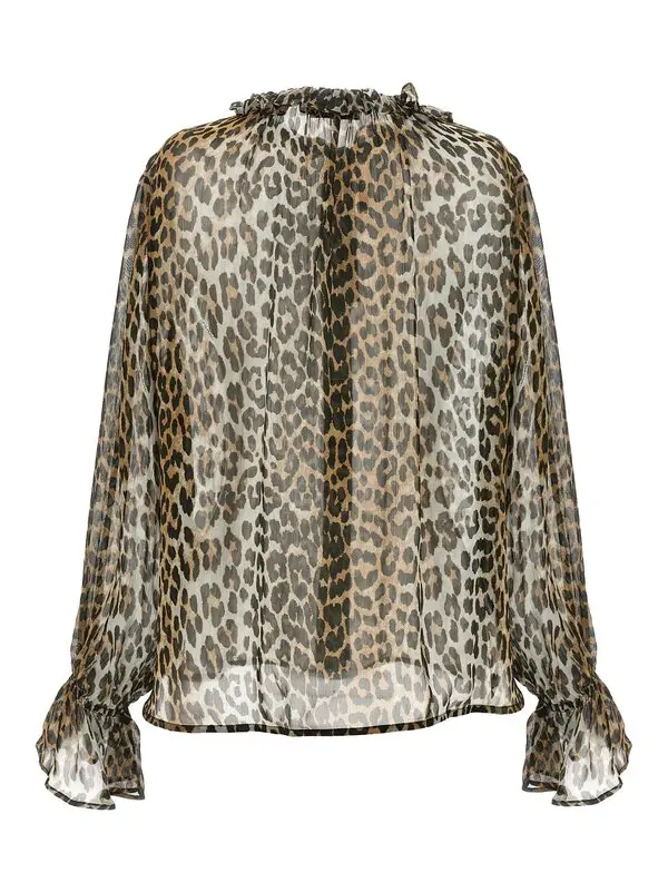 GANNI Leopard Print Chiffon Tie Neck Shirt - Multicolor