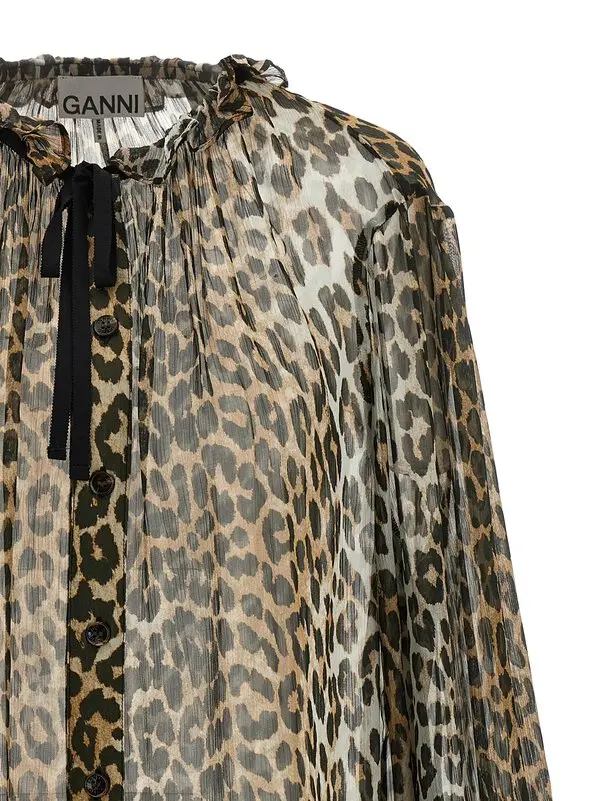 GANNI Leopard Print Chiffon Tie Neck Shirt - Multicolor