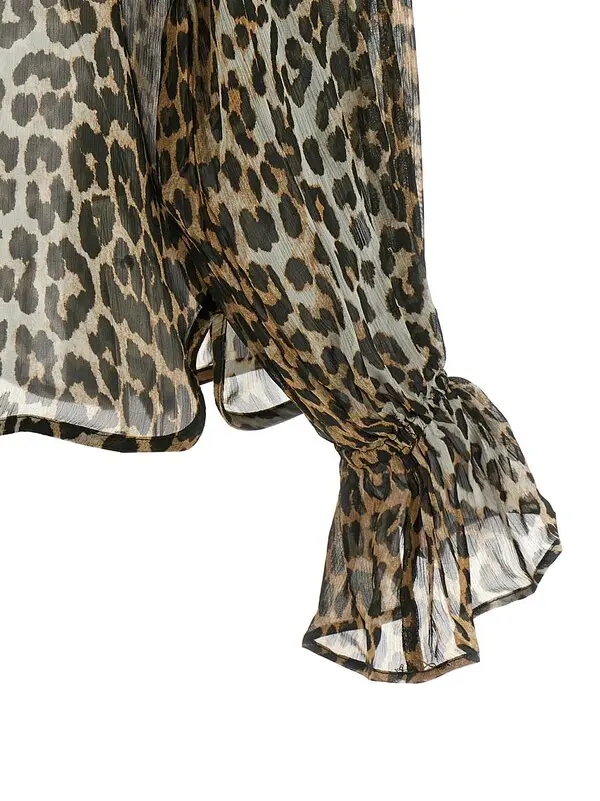 GANNI Leopard Print Chiffon Tie Neck Shirt - Multicolor