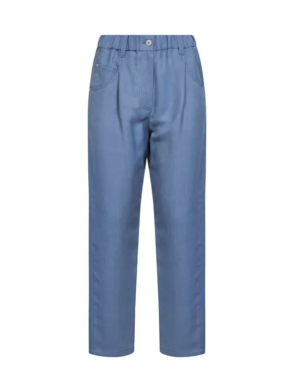 Brunello Cucinelli Light Blue Fluid Twill Baggy Trousers With Monili - Multicolor