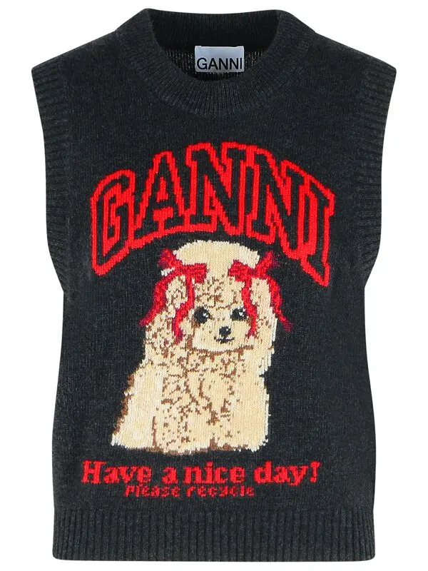 GANNI Wool Blend Vest With Puppy Graphic - Black