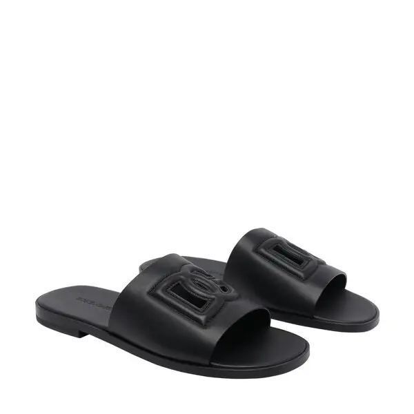 Dolce & Gabbana Dg Logo Leather Slide Sandals - Black