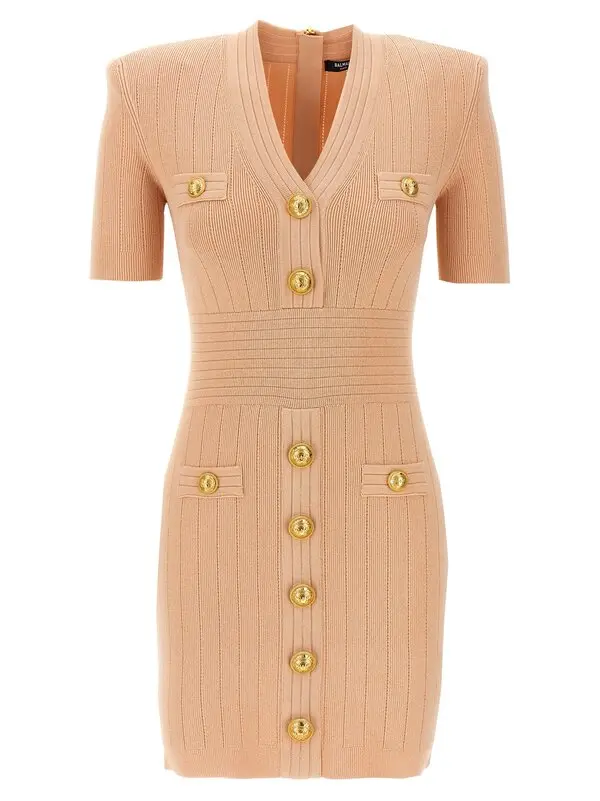 Balmain Chiocciola" Ribbed Knit Dress With Gold Tone Buttons - Pink