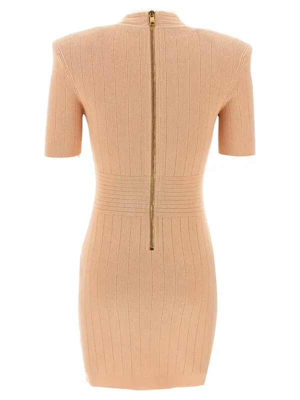 Balmain Chiocciola" Ribbed Knit Dress With Gold Tone Buttons - Pink