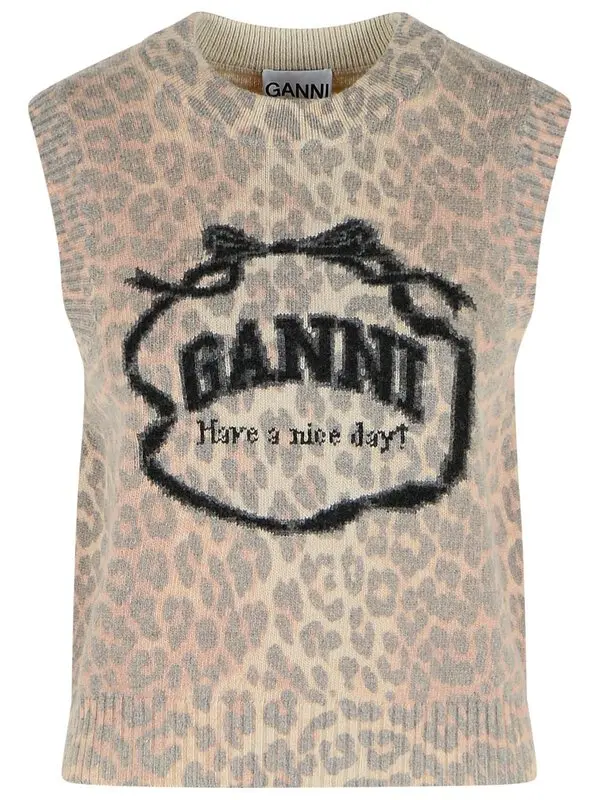 GANNI Leopard Patterned Wool Blend Vest - Brown