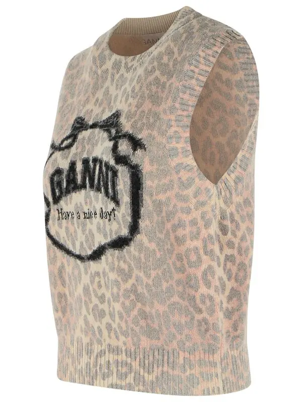 GANNI Leopard Patterned Wool Blend Vest - Brown