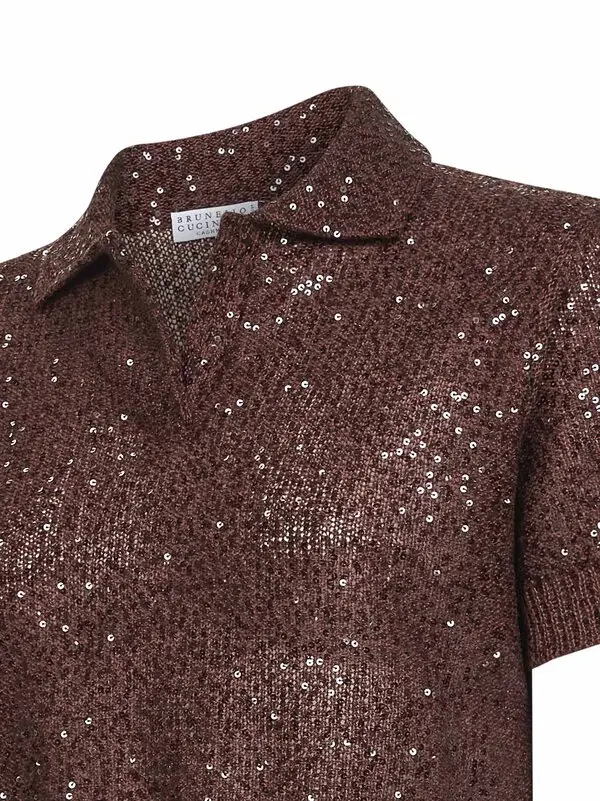 Brunello Cucinelli Burgundy Dazzling Knit Cropped Polo Shirt - Multicolor