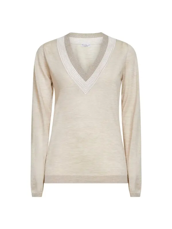 Brunello Cucinelli Beige Lightweight Cashmere And Silk Knit Sweater With Sparkling Neckline - Multicolor