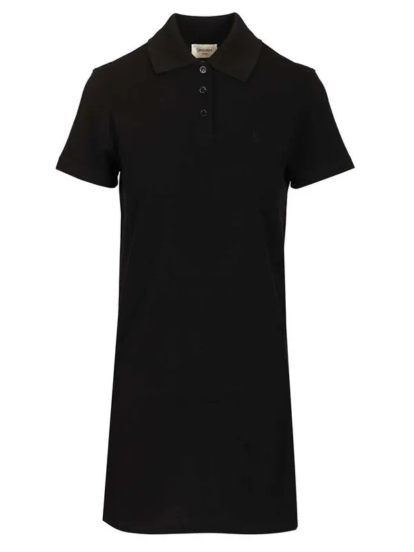 Saint Laurent Short Sleeve Polo Dress With Monogram - Black