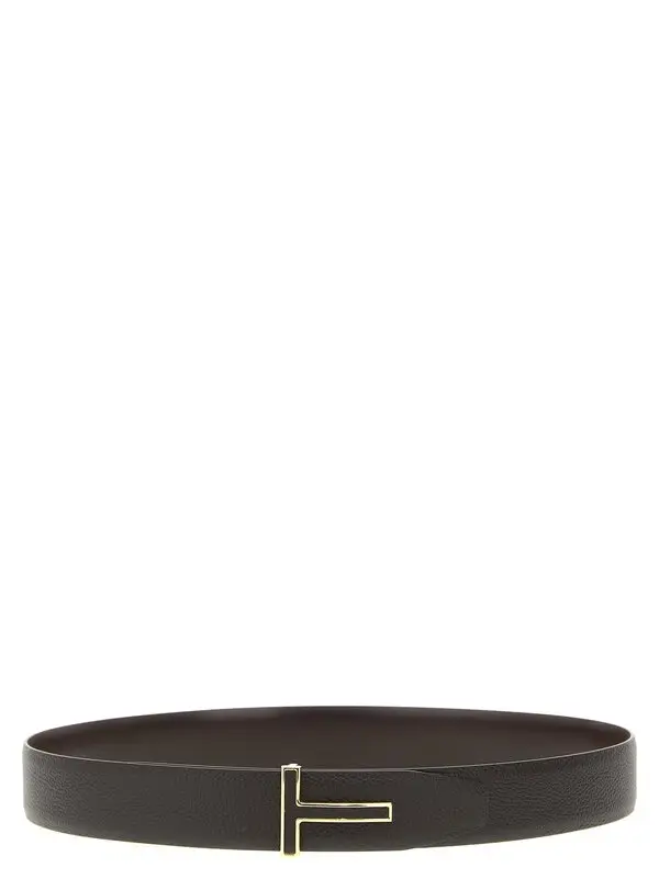 TOM FORD Reversible Hammered Leather Belt With T Logo Buckle - Brown