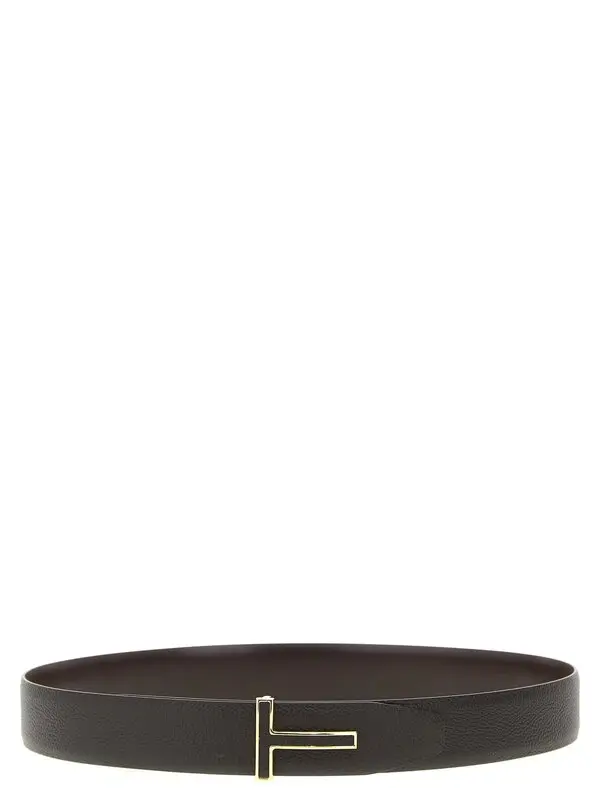TOM FORD Reversible Hammered Leather Belt With T Logo Buckle - Brown