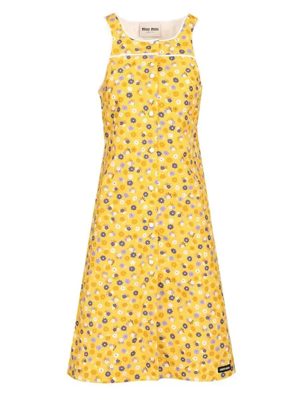Miu Miu Sleeveless Floral Print Cotton Poplin Dress - Yellow