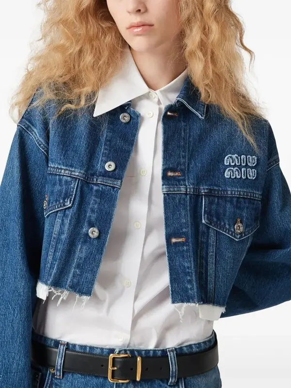 Miu Miu Cropped Denim Blouson Jacket With Logo Embroidery