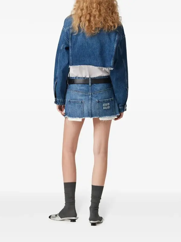 Miu Miu Cropped Denim Blouson Jacket With Logo Embroidery