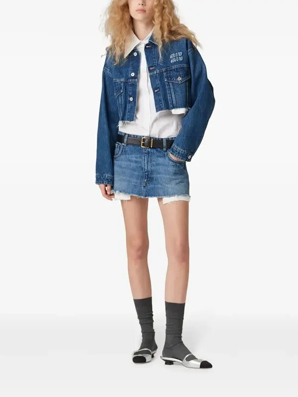 Miu Miu Cropped Denim Blouson Jacket With Logo Embroidery