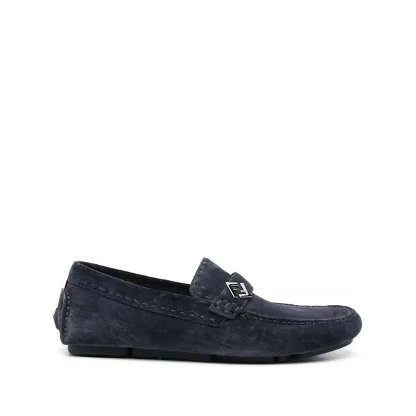 Fendi Navy Suede Slip-on Loafers With Logo Plaque - Blue