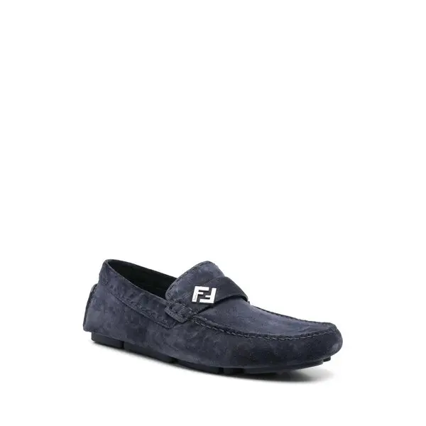 Fendi Navy Suede Slip-on Loafers With Logo Plaque - Blue
