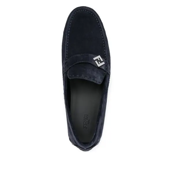 Fendi Navy Suede Slip-on Loafers With Logo Plaque - Blue