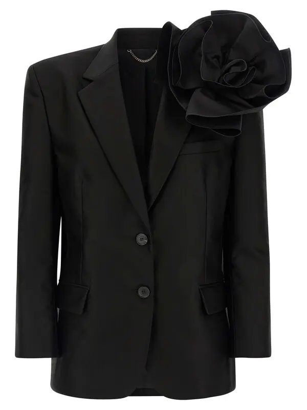 Magda Butrym 04' Single-breasted Cotton Blazer With Flower Brooch - Black