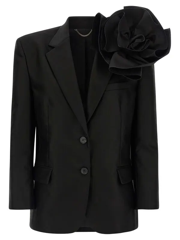 Magda Butrym 04' Single-breasted Cotton Blazer With Flower Brooch - Black