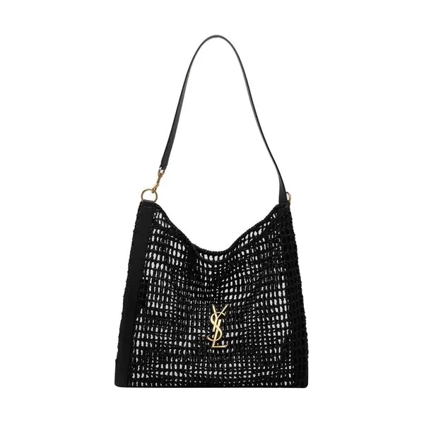 Saint Laurent Raffia Shoulder Bag With Leather Trim And Gold Tone Hardware - Black