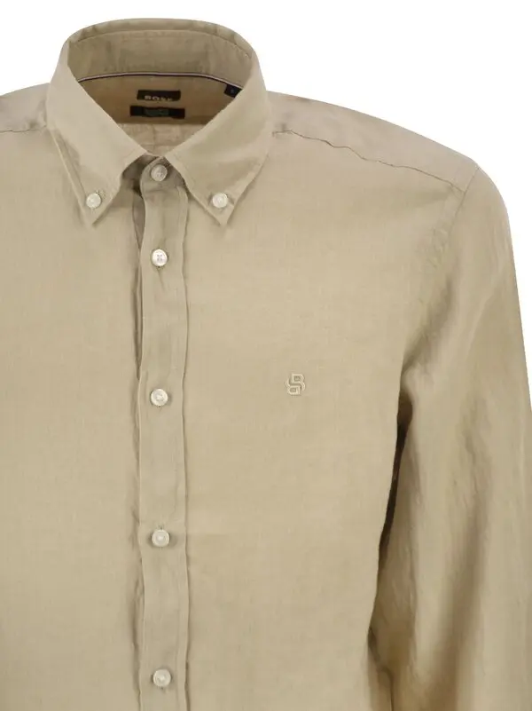 BOSS Pure Linen Regular Fit Shirt With Button-down Collar - Cream