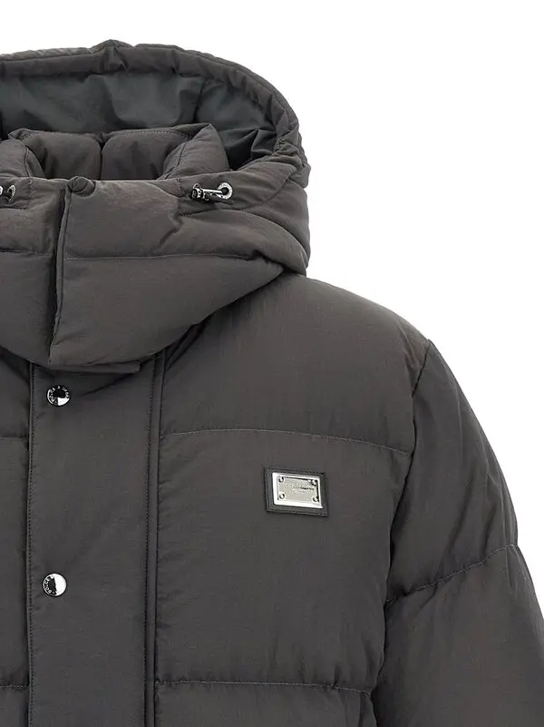 Dolce & Gabbana Quilted Padded Down Jacket With Logo Patch - Gray