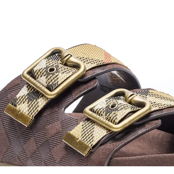 Burberry Checked Leather Buckled Sandals - Brown