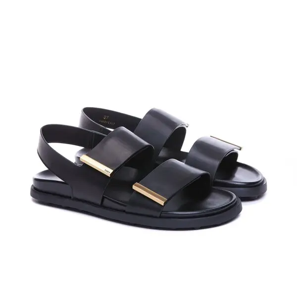 TOD'S Leather Sandals With Gold Tone Hardware - Black