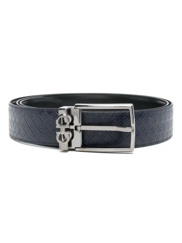 FERRAGAMO Double Gancini Logo-debossed Leather Belt - Blue