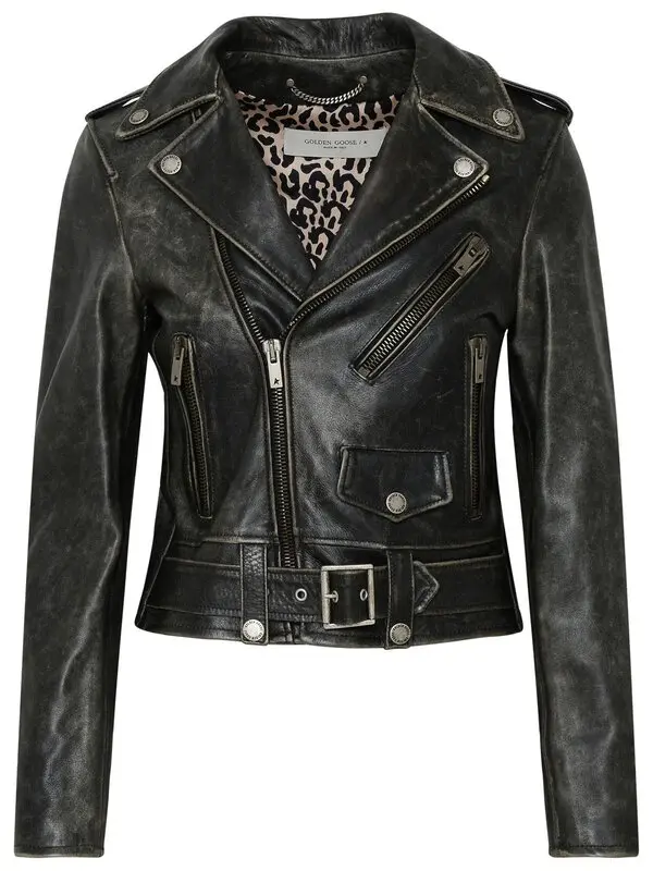 GOLDEN GOOSE Distressed Leather Moto Jacket With Buckle Belt - Black