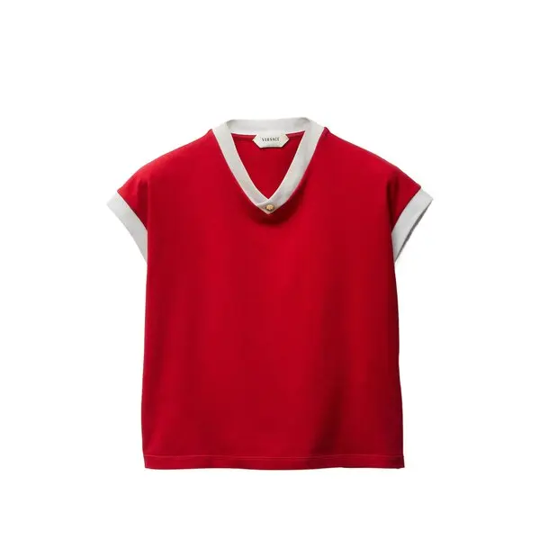 Versace Short-sleeved V-neck Cotton Jersey T-shirt With Medusa Hardware - Red