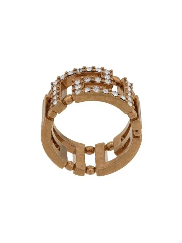 Versace Ring With Greek Key And Crystals In Brass - Silver
