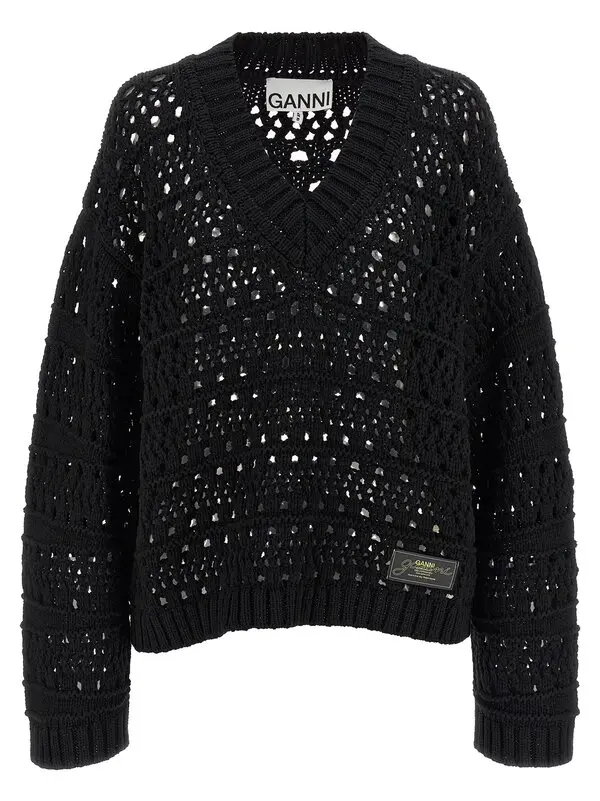 GANNI Crochet V-neck Sweater - Black