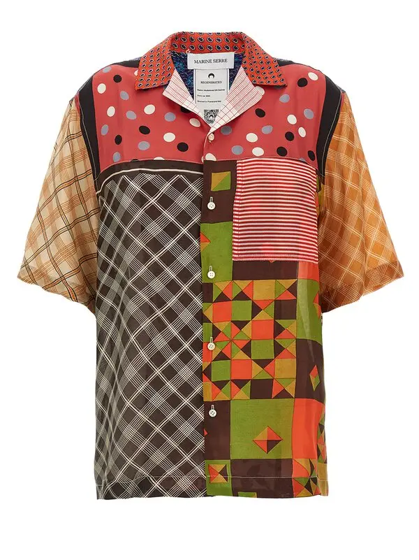 MARINE SERRE Regenerated Silk Patchwork Bowling Shirt - Multicolor