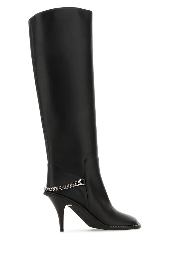 Stella McCartney Black Leather Boots With Silver Tone Chain Detail