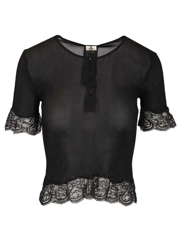 Saint Laurent Fitted Silk T-shirt With Lace Trim