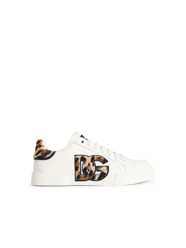 Dolce & Gabbana Portofino' Calfskin Leather Sneakers With Pony Hair Dg Logo - White