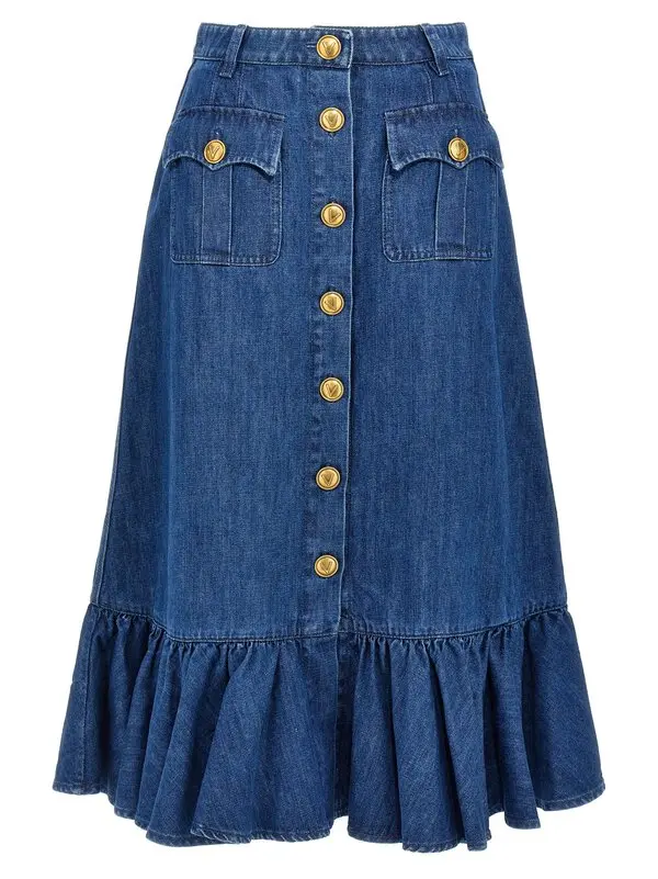 Valentino Garavani Denim Midi Skirt With Vlogo Button Closure