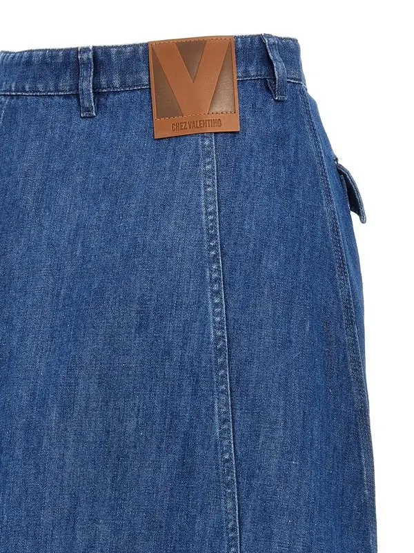 Valentino Garavani Denim Midi Skirt With Vlogo Button Closure