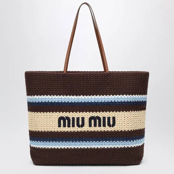 Miu Miu Raffia Effect Yarn Shopping Bag With Striped Pattern And Logo - Brown