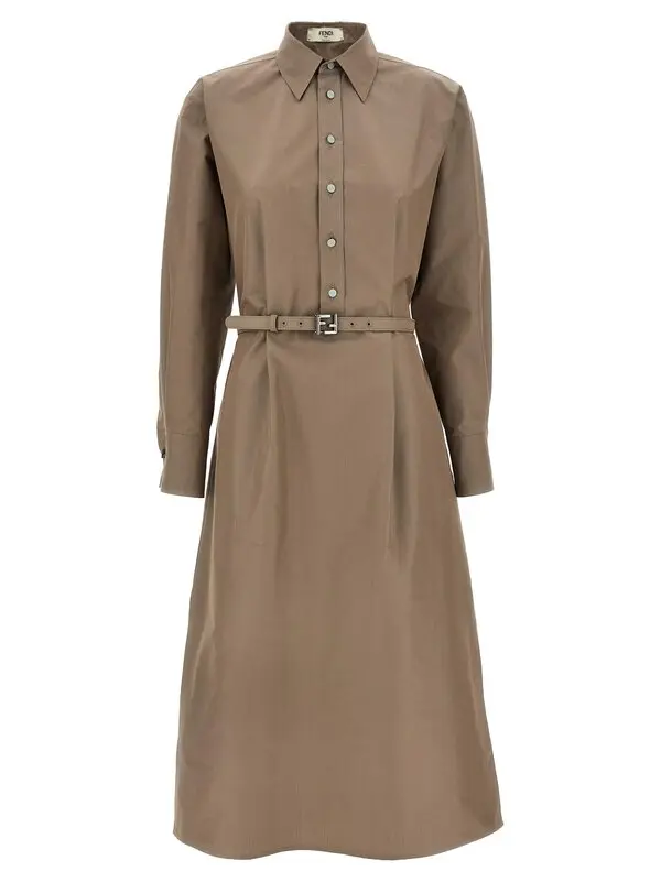 Fendi Midi Shirt Dress With Removable Ff Buckle Belt - Gray