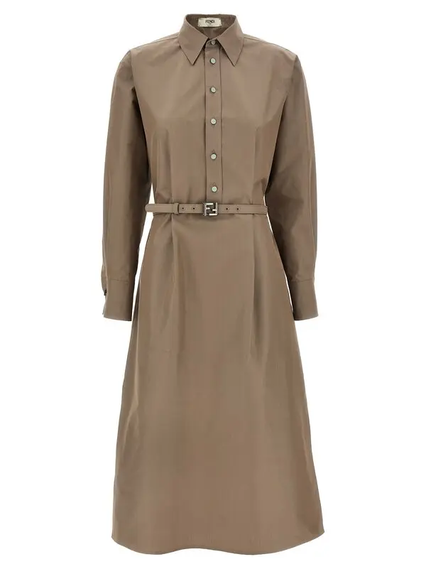 Fendi Midi Shirt Dress With Removable Ff Buckle Belt - Gray