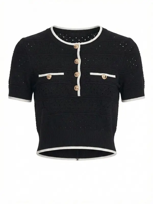 SELF-PORTRAIT Pointelle Knit Button Detailed Cropped Top